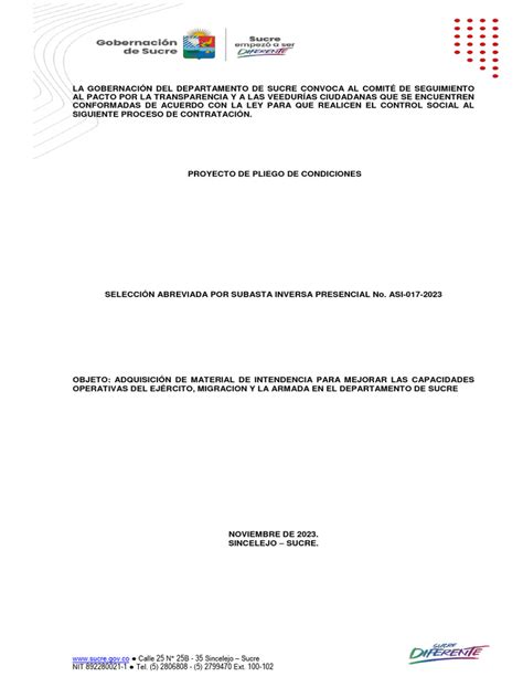 Proyecto De Pliego De Condiciones Material Intendencia Pdf Subasta
