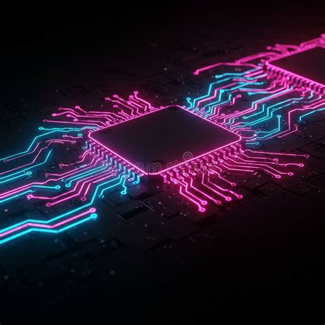 Neon Lit Circuit Board With A Central Microchip Vibrant Pink And Blue Pathways Extend Stock