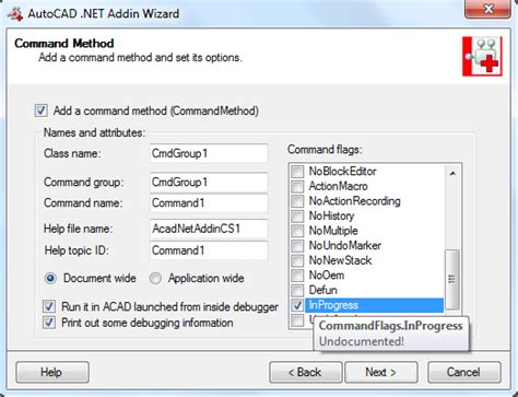 AutoCAD NET Command Flag CommandFlags InProgress AcadNetAddinWizard More