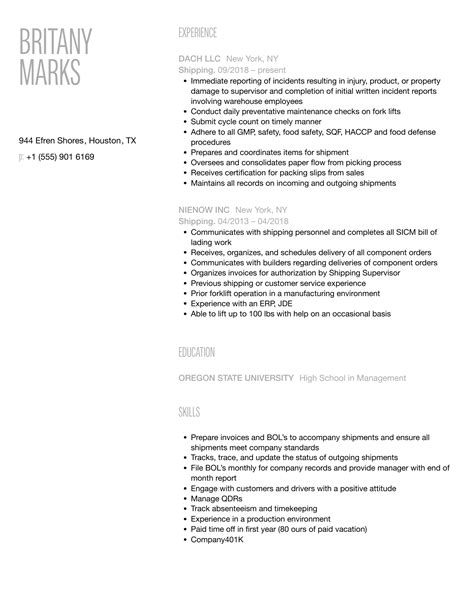 Shipping Resume Samples Velvet Jobs