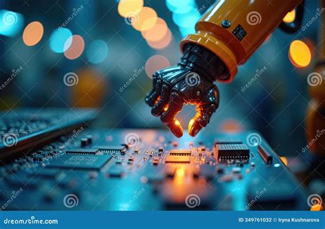 Industrial Robot Arm Precisely Places Component On Circuit Board Bokeh Lights Highlight