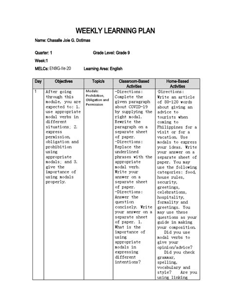 Weekly Learning Plan Pdf Argument Question