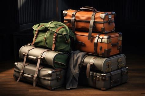A Pile Of Luggage Sitting On Top Of A Wooden Floor Can Be Used To