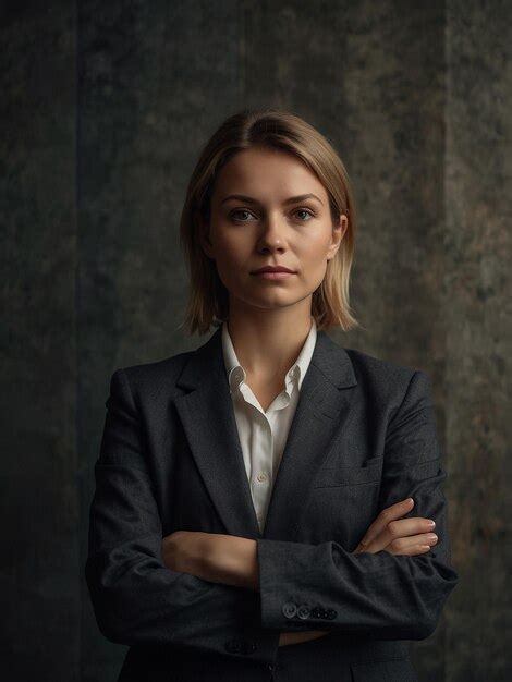 A Woman In A Suit Stands In Front Of A Wall With Her Arms Crossed