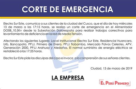 Corte Intempestivo De Energia 13marzo Cusco Electro Sur Este