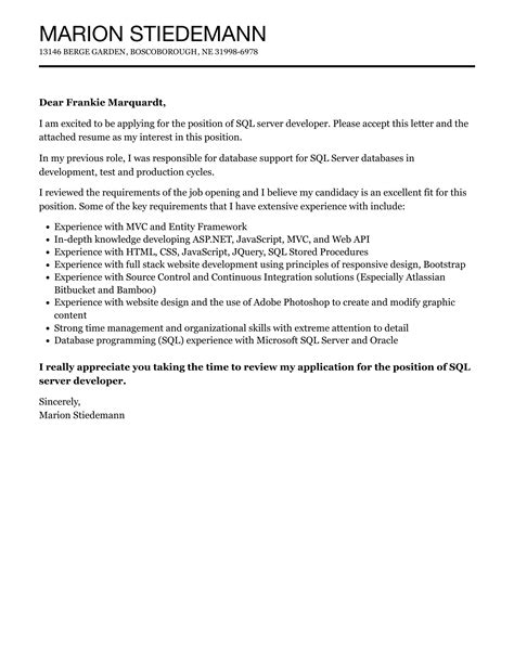 Sql Server Developer Cover Letter Velvet Jobs