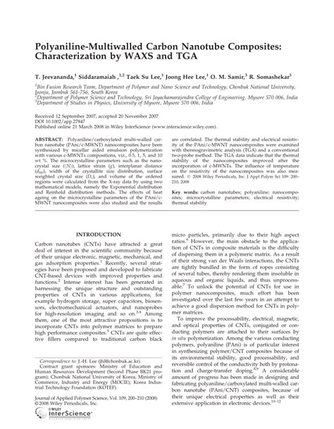 Pdf Polyaniline‐multiwalled Carbon Nanotube Composites Characterization By Waxs And Tga