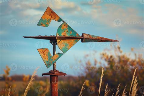 Old Weathered Rusty Metal Wind Direction Indicator Showing Wind Blowing