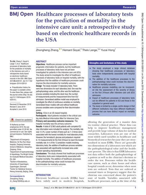 Pdf Healthcare Processes Of Laboratory Tests For The Prediction Of Mortality In The Intensive