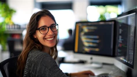 Portrait Cheerfully Of Programmer In Office Background Advertising