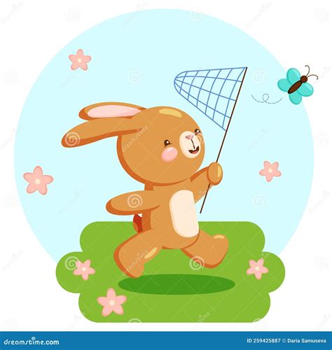 Cute Bunny Catching Butterflies With Net Summer Rabbit Chatacter