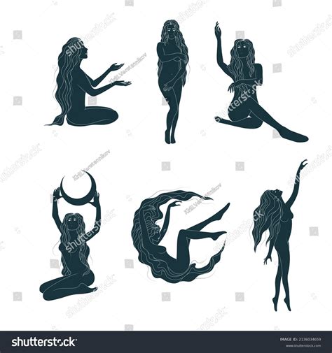 Celestial Naked Female Silhouettes Different Poses Stock Vector