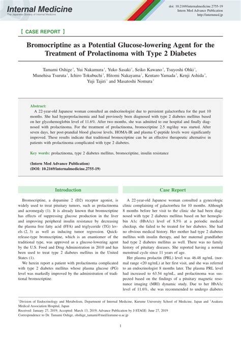 PDF Bromocriptine As A Potential Glucose Lowering Agent For The Treatment Of Prolactinoma With