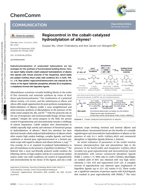 Pdf Regiocontrol In The Cobalt Catalyzed Hydrosilylation Of Alkynes
