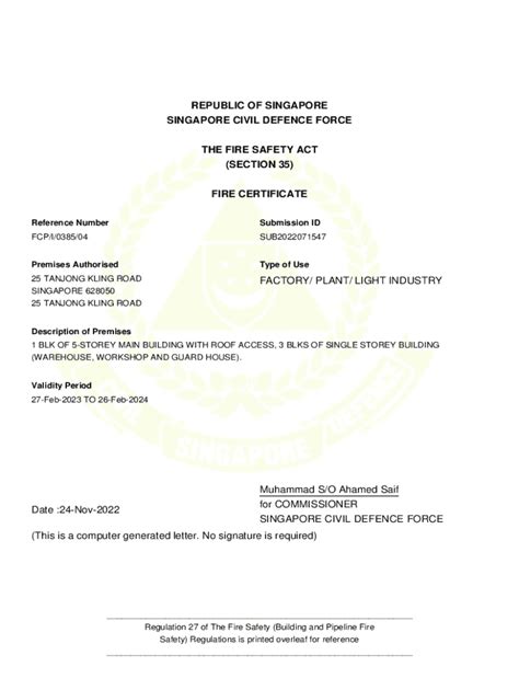 Fillable Online Fire Certificate Enquiry Singapore E Services SCDF Fax Email Print PdfFiller