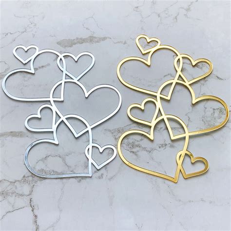 Badu Bg 10 бр 7 Сърца в 1 Топер за сватбена торта Топер минималистичен златен сребърен топер