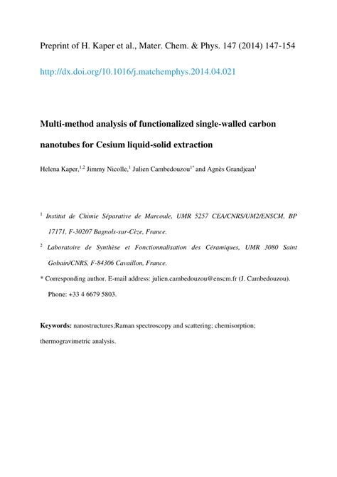 Pdf Multi Method Analysis Of Functionalized Single Walled Carbon Nanotubes For Cesium Liquid