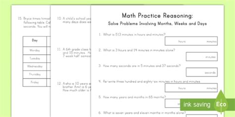 Fourth Grade Months Weeks And Days Problem Solving Worksheets