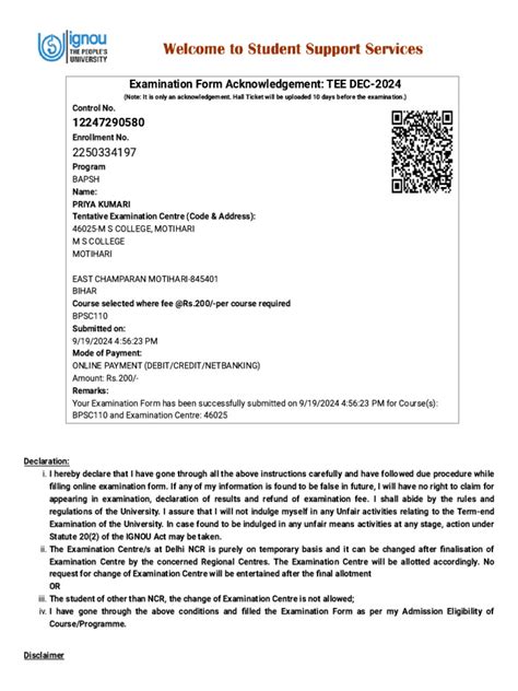 Ignou Examination Form Acknowledgement Pdf