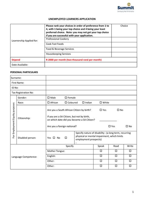 Learner Application Form Unemployed Learners Application Learnership Applied For Please Rank