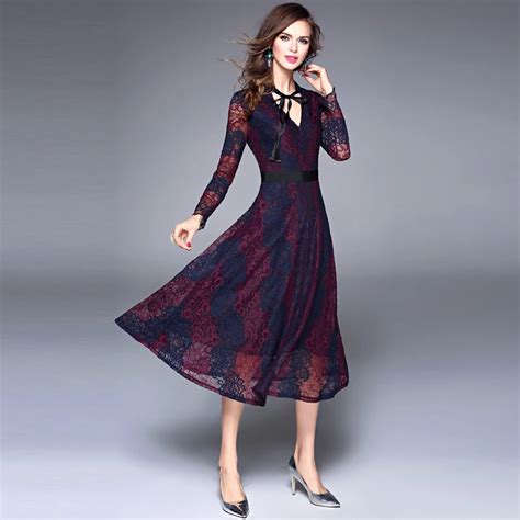 Womens Autumn Cotton Long Sleeve Lace Dress Casual Slim Dresses Fashion