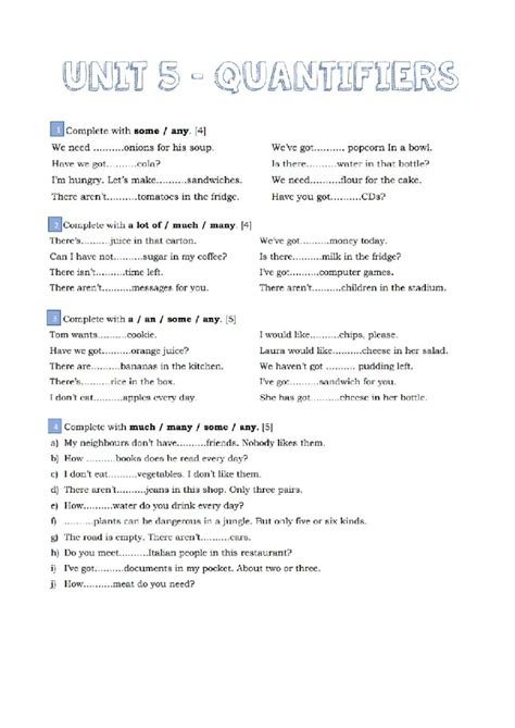 A An Some Any Quantifiers Unit 5 Quantifiers 1 Complete With Some Any