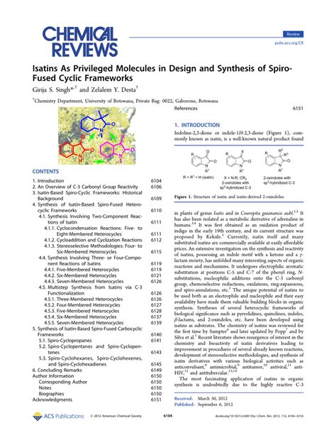 Pdf Cheminform Abstract Isatins As Privileged Molecules In Design And Synthesis Of Spiro