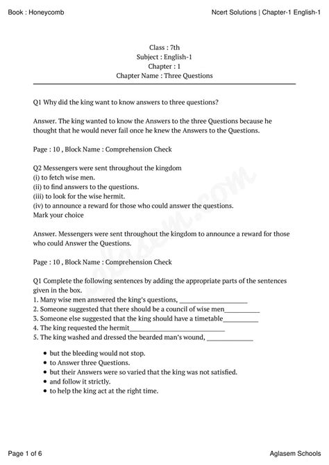 Ncert Solutions Class 7 English Honeycomb Chapter 1 Three Questions And