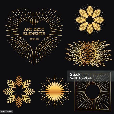 Art Deco Vintage Bingkai Dan Elemen Desain Sun Burst Ilustrasi Stok