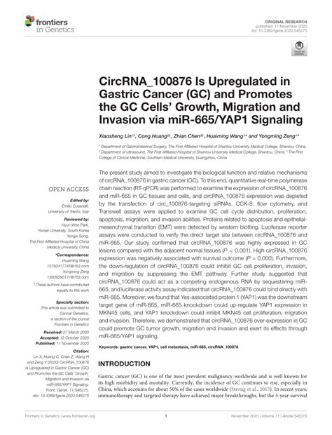 Pdf Circrna100876 Is Upregulated In Gastric Cancer Gc And Promotes