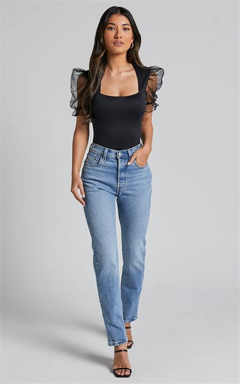 Briggs Bodysuit Sheer Puff Sleeve In Black Showpo