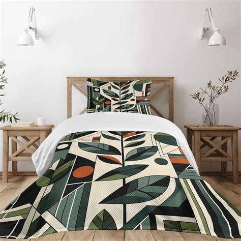 Ambesonne Mid Century Modern Bedspread Set Futurist Boho Pale Reseda