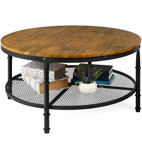 Best Choice Products 2 Tier Round Coffee Table Rustic Steel Accent Table W Wooden Tabletop
