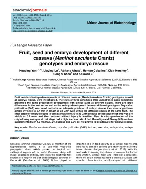 Pdf Fruit Seed And Embryo Development Of Different Cassava Manihot