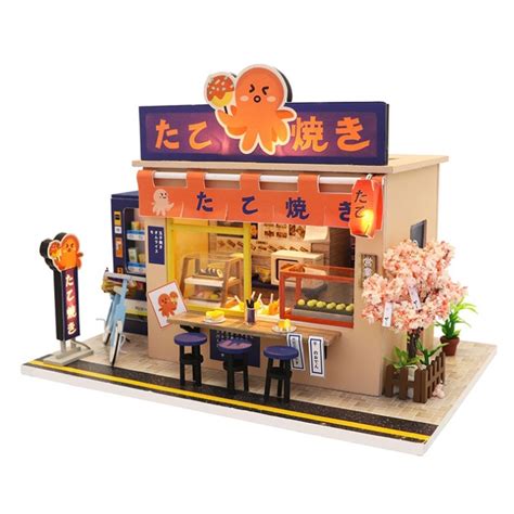 บ้านตุ๊กตาdiy Dollhouse ร้านทาโกยากิ มีฝาครอบกันฝุ่น Peach Dollhouse Thaipick