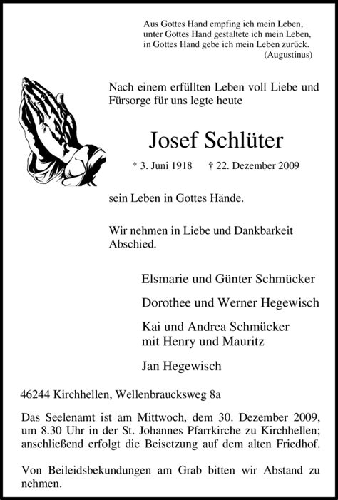 Traueranzeigen Von Josef Schlüter Trauer In Nrw De