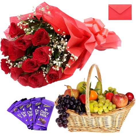 Rosy Combo 12 Red Roses Bunch 2 Kg Mix Fruit Basket 5 Dairy Milk