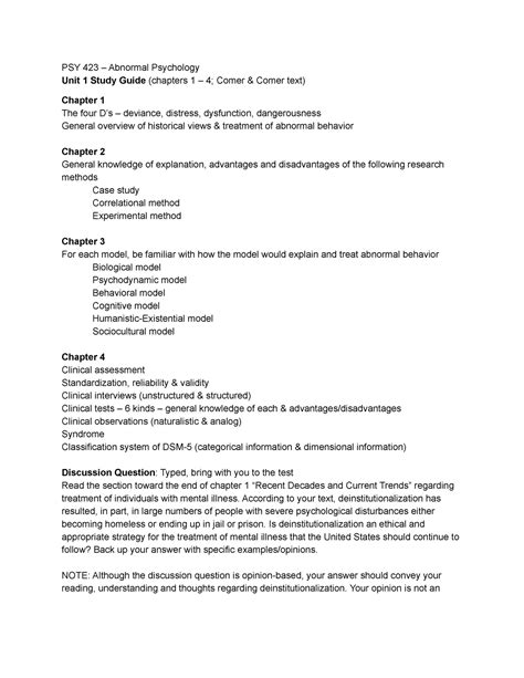Abnormal Psychology Class Notes Psy Abnormal Psychology Unit Study Guide Chapters