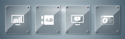 Set Browser Setting Monitor With Star Advertising And Graph Chart Square Glass Panels Stock