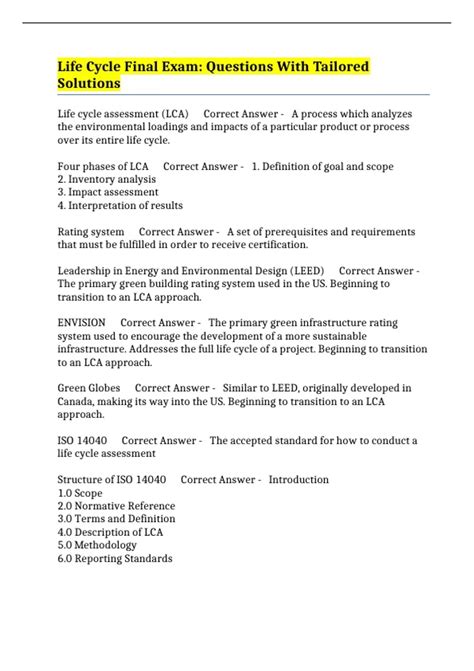 Life Cycle Final Exam Questions With Tailored Solutions Lca Stuvia Us