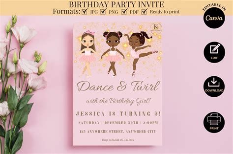 Ballerina Birthday Party Invite Template Graphic By Kkdigitalprints