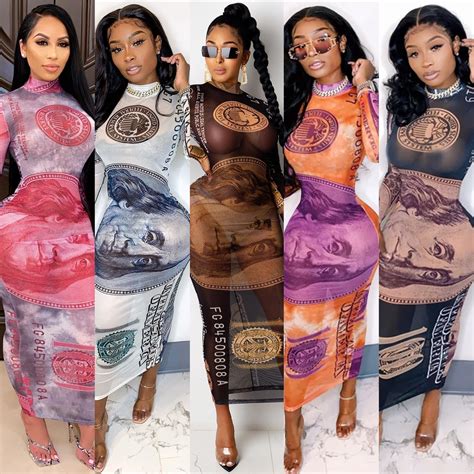 Jual Mesh See Through Maxi Dress Autumn Fashion Money Print Sexy