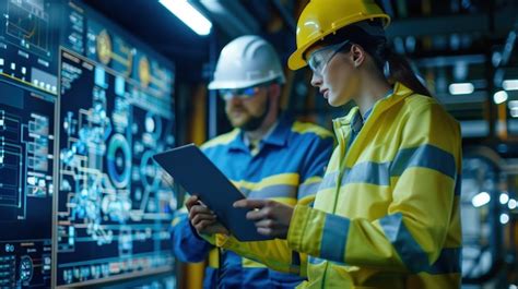 Male And Female Industrial Engineers Analyzing Data On Tablet In A