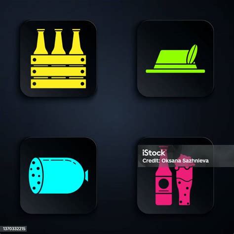 맥주 병과 유리 맥주 병 팩 살라미 소시지 옥토버페스트 모자를 놓습니다 검은 색 사각형 버튼 벡터 0명에 대한 스톡 벡터 아트 및 기타 이미지 Istock