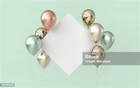 파스텔 색상의 배경에 광택 골드 화려한 풍선과 흰색 종이의 그림 생일 파티 홍보 소셜 미디어 배너 포스터를위한 빈 공간 3d