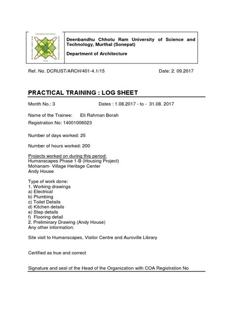 Practical Training Log Sheet Pdf