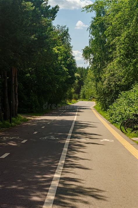 A Bike Path With Two Parallel White Lines Along It In A Summer Day Stock Image Image Of