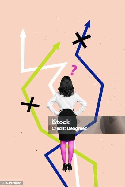 트렌드 삽화 합성물 3d 콜라주 디자인 비즈니스 고용 고용 젊은 여자 서 있는 뒤로 선택 방법 화살점 생각하다 브레인스토밍 20 24세에 대한 스톡 사진 및 기타 이미지