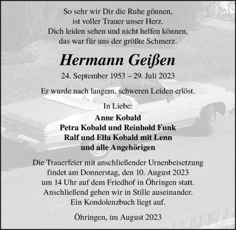 Traueranzeigen von Hermann Geißen trauerundgedenken de