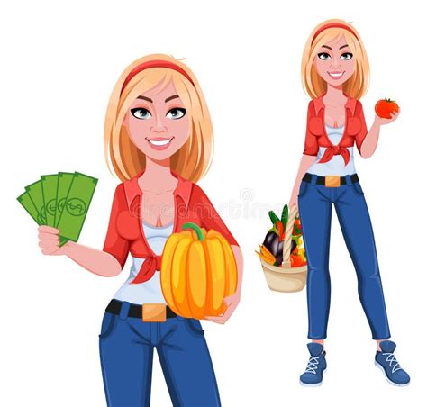 Happy Smiling Farm Girl Set Of Two Poses Stock Vector Illustration